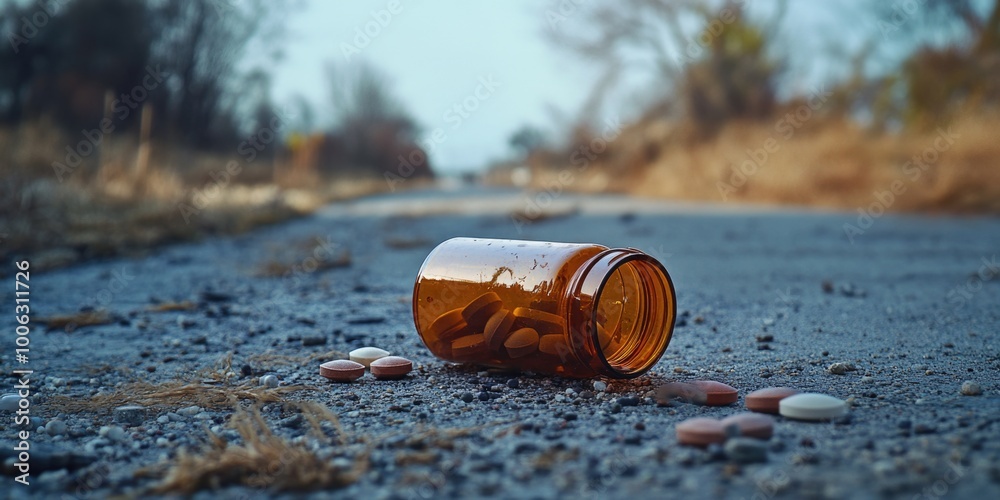 An abandoned bottle of prescription medication lying in the middle of a ...