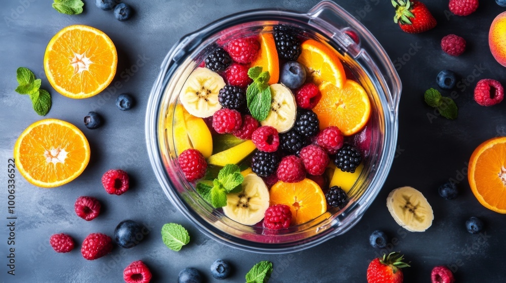 A smoothie-making process with a blender filled with mixed fruits ...