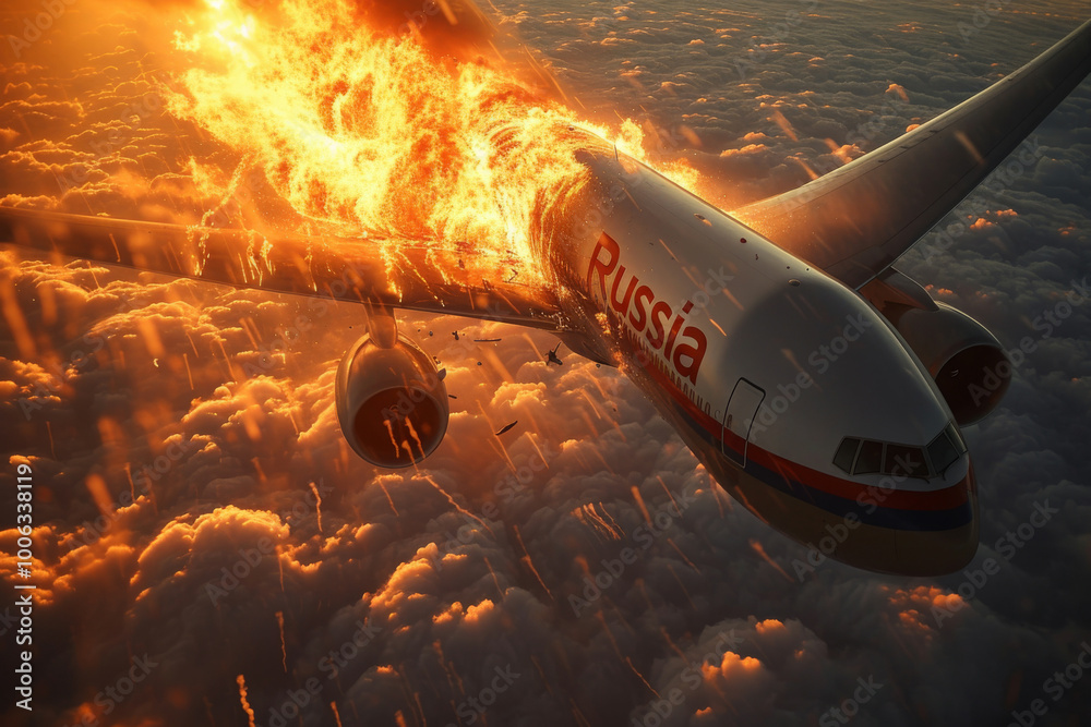 Russian airplane crash in mid-air explosion with flames and debris ...