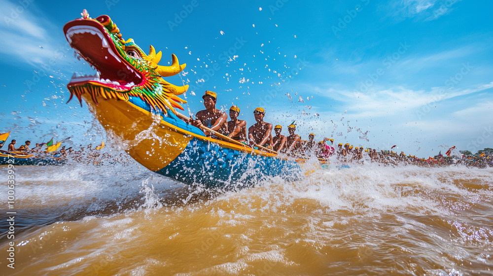 Bon Om Touk Festival in Cambodia, brightly colored dragon boats race on ...