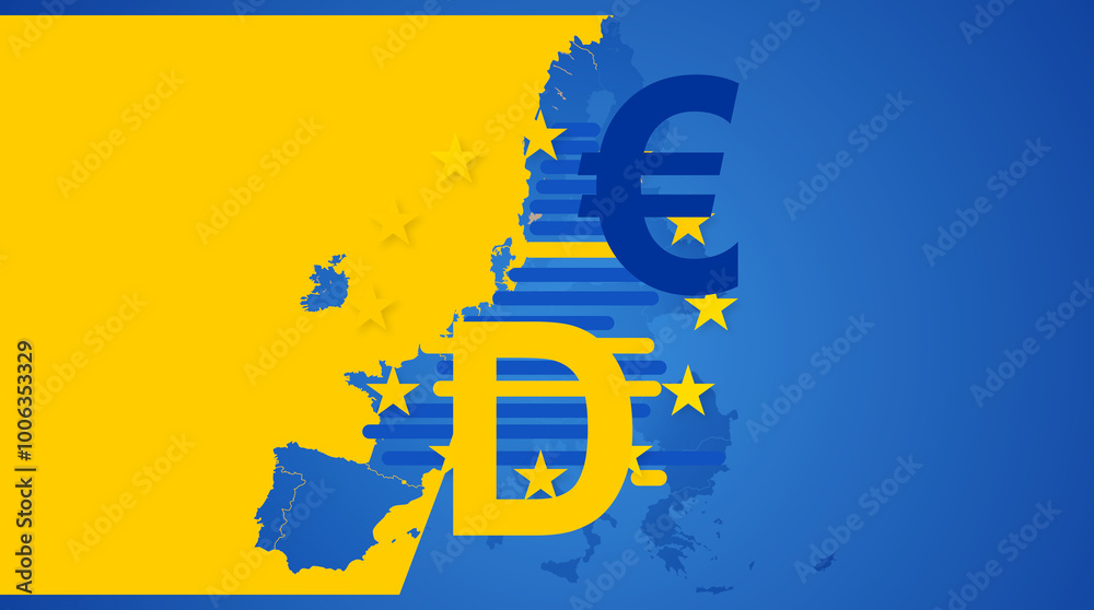 CBDC the Digital Euro as DEUR, creative flag design map of the European ...