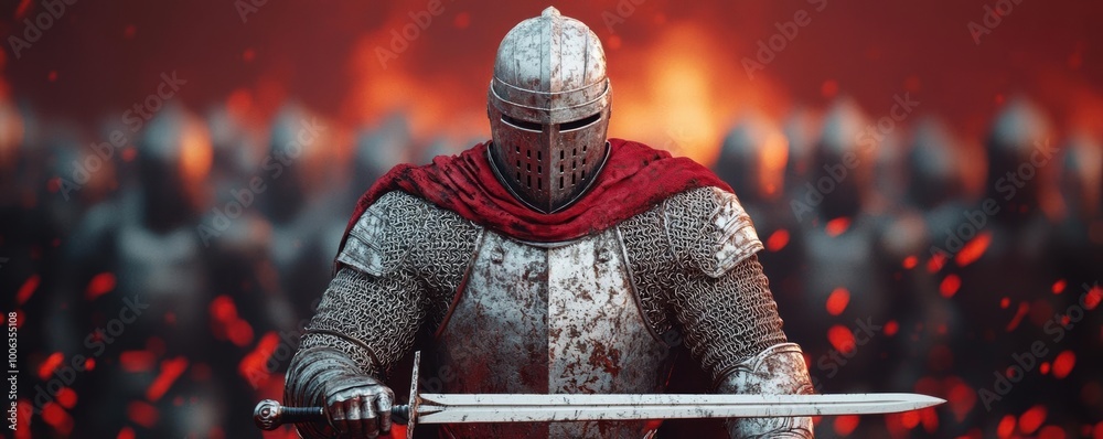 A knight kneeling before a monarch, offering a sword as a pledge of ...