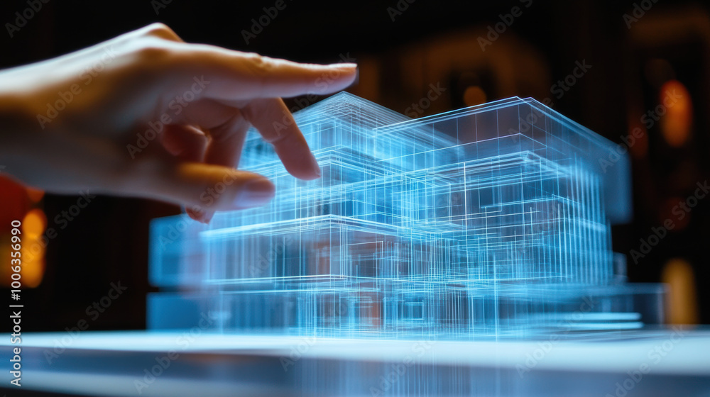 hand swiping through holographic 3D model of building, showcasing ...