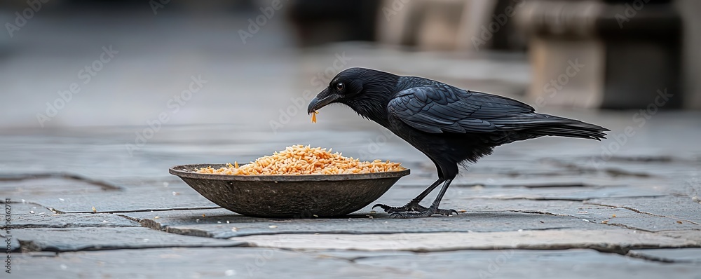 Foto de Sacred moment of a crow consuming rice offerings during the ...