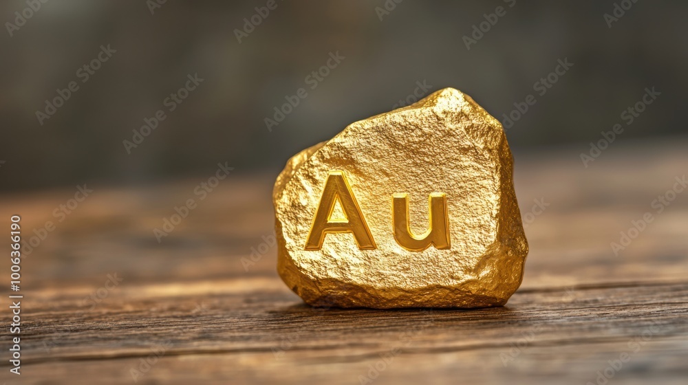 Gold nugget with "Au" symbol representing element Close-up of a gold ...