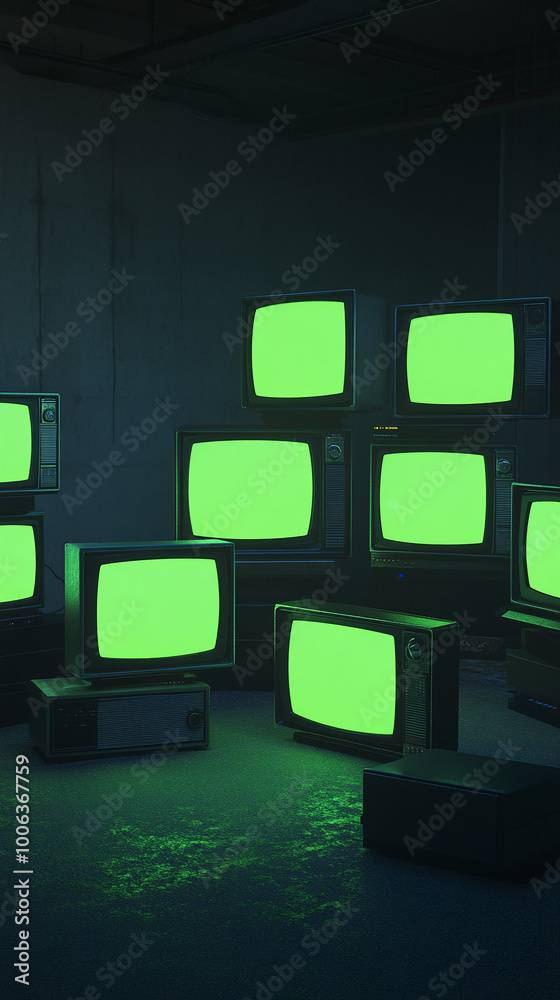 vertical composition 3d rendered set old tv monitors in black room ...