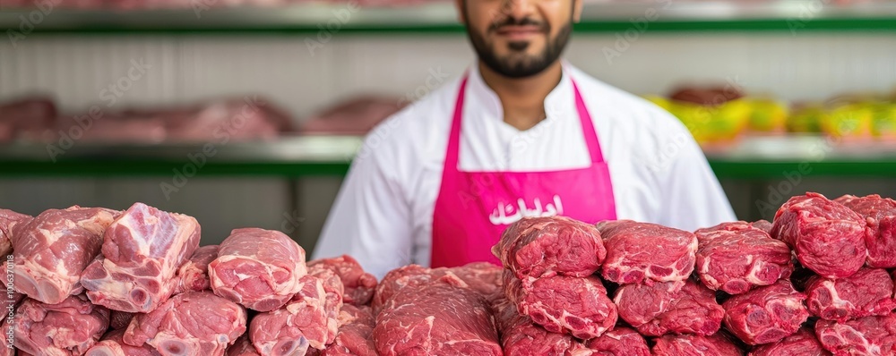 Halal butcher shop, freshly cut meat, Islamic calligraphy on the walls ...
