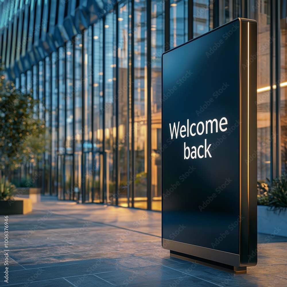 Welcome back to the office on a city-center sign in front of a modern ...