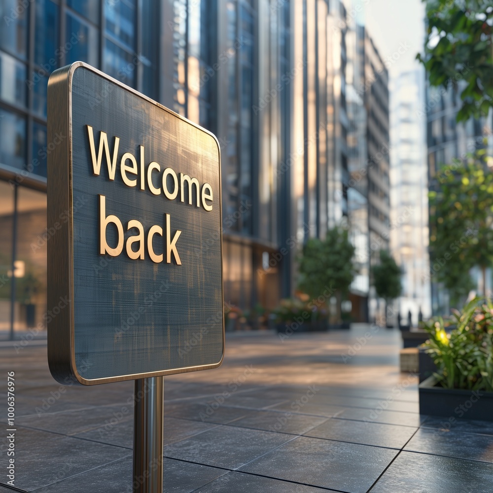 Foto de Welcome back to the office on a city-center sign in front of a ...