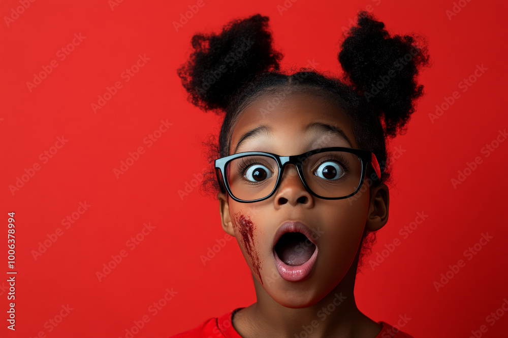 An African American girl with soot-streaked cheeks, wearing lab glasses ...