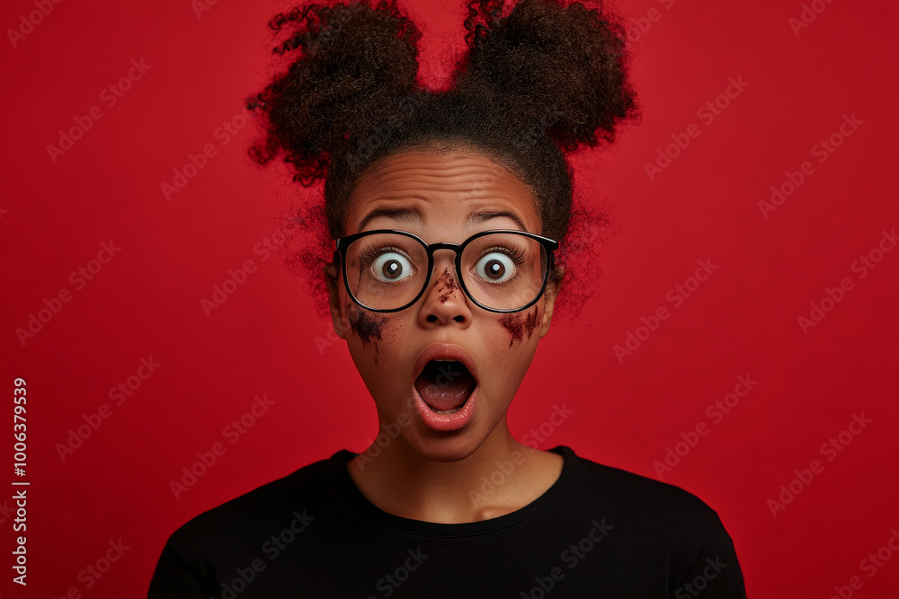 An African American girl with soot-streaked cheeks, wearing lab glasses ...