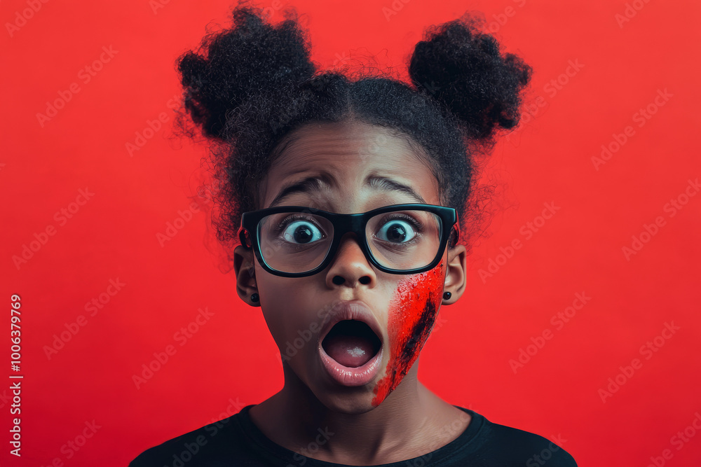 An African American girl with soot-streaked cheeks, wearing lab glasses ...