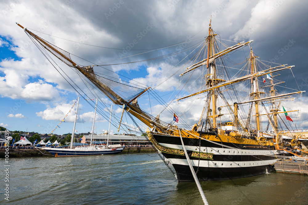 ROUEN, NORMANDY, FRANCE: bowsprit of Italian Navy Amerigo Vespucci, a ...