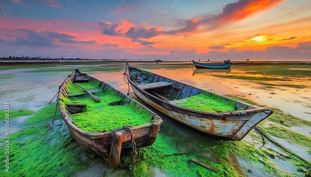 Two wooden boats covered in green algae sit on a sandbar at low tide ...