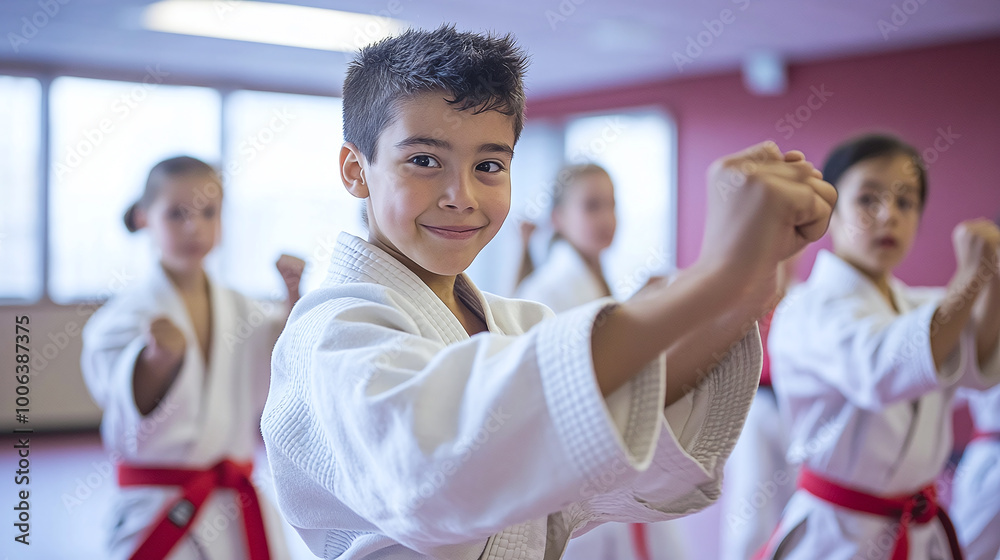 Young Karate fighters, school age children practising karate. They are ...