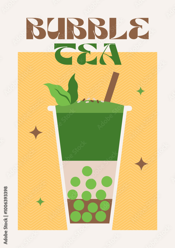 Bubble Tea art. Matcha tea. Glass of Green bubble tea. Taiwan milk tea ...