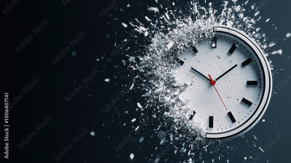 A digital clock face breaking apart, with each fragment representing a ...