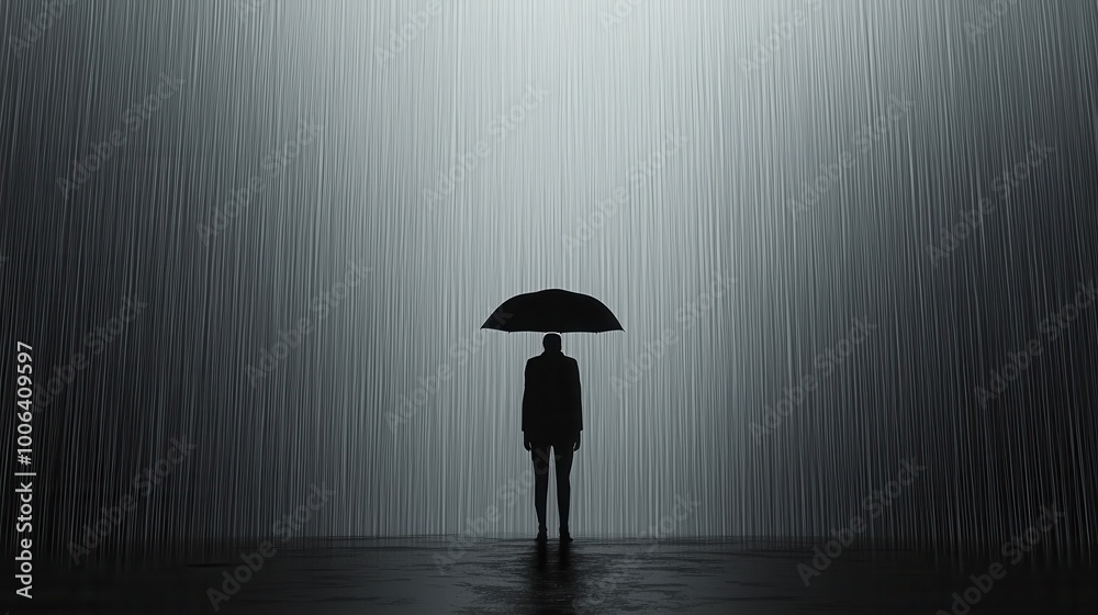 A figure standing under a constant downpour of rain, while everyone ...