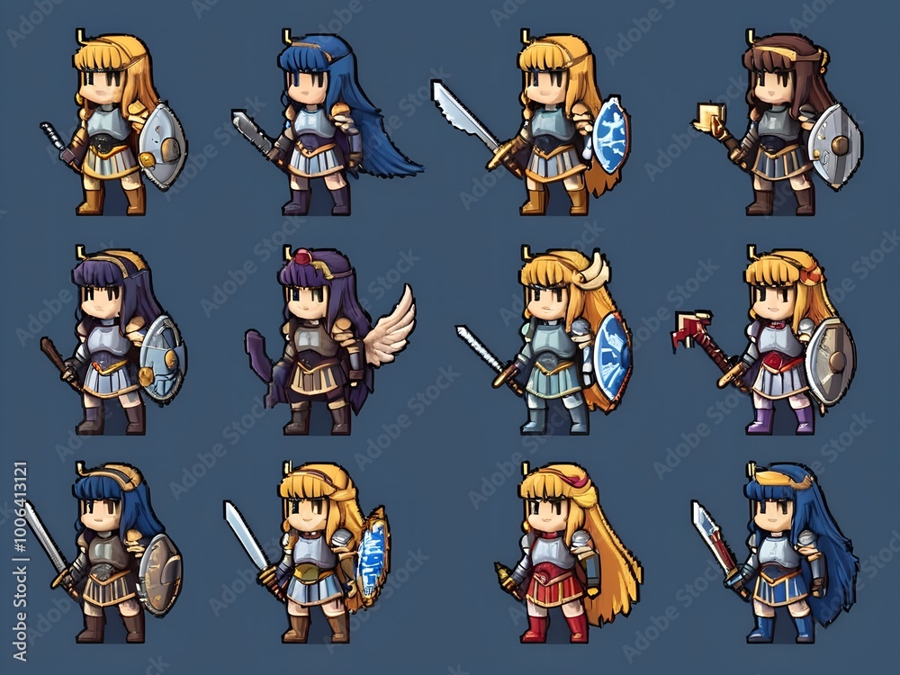 game characters Valkyrie in armor for the game pixel art 8 bit AI ...