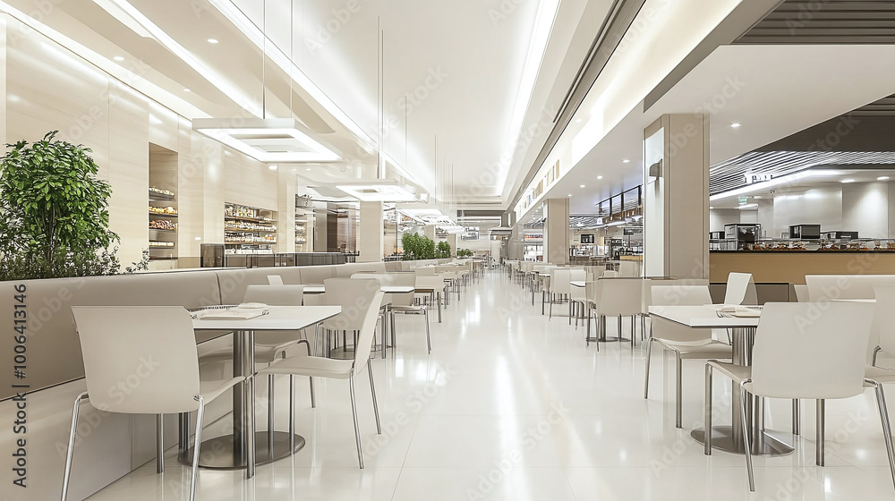 Interior of a food court in a shopping mall designed in a minimalist ...