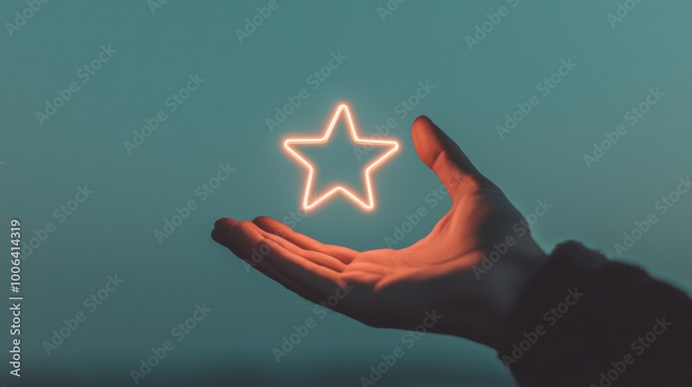 A glowing hand holding a star, recognition and the satisfaction gained ...