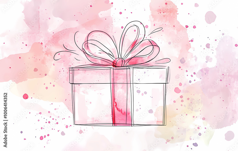 One-line drawing style, an abstract present box with a ribbon bow on a ...