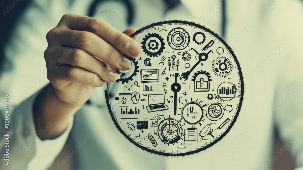 A hand turning a large dial with various job icons (briefcase ...