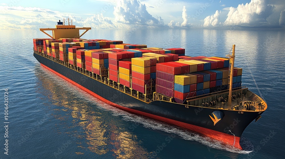International shipment scene with a cargo ship carrying containers ...