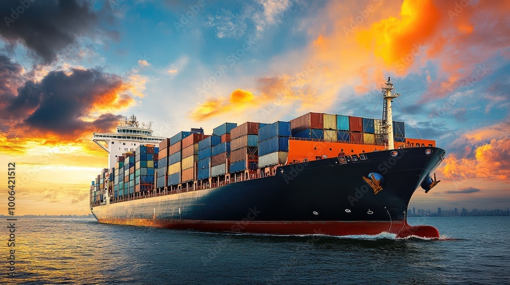 Large cargo ship with stacked freight containers, en route for ...