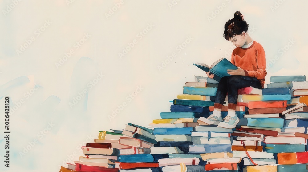 Child immersed in a book, seated atop a vibrant stack of books ...
