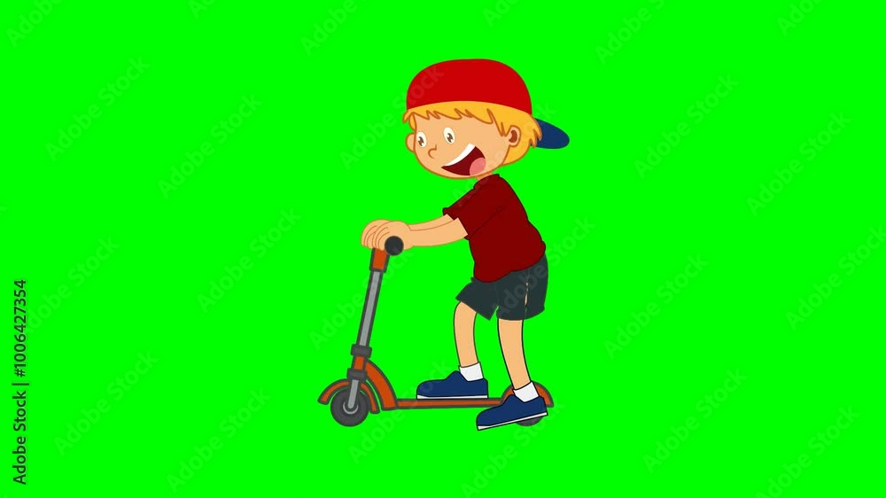 2d animated character of A happy boy who is riding a scooter in the ...