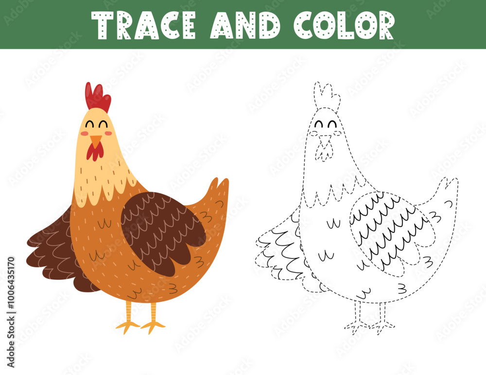 Trace and color game for kids with a cute hen. Activity page with a ...