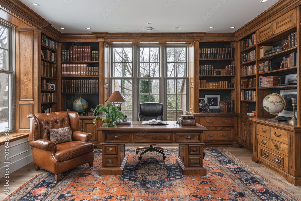 Traditional Study A classic study with a wooden desk, leather armchair ...