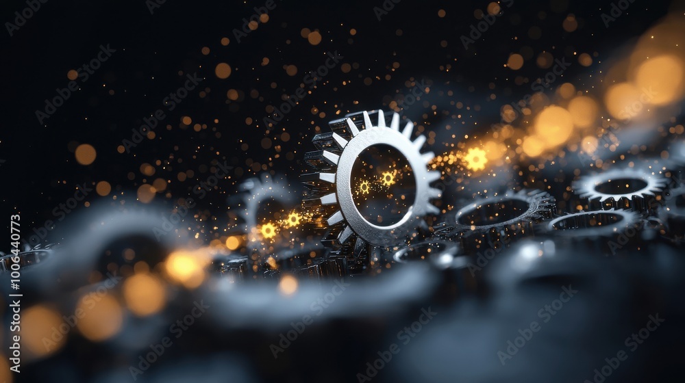 A set of abstract, interconnected gears in motion, with one small gear ...