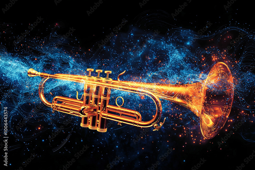 Golden trumpets on a black background amidst sparkling multi-colored ...