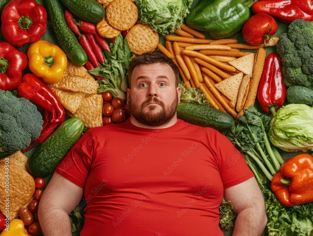 Overweight man surrounded by vegetables and fast food, symbolizing the ...
