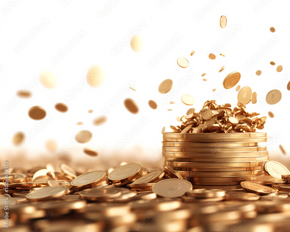 A pile of gold coins is scattered on a table. The coins are of various ...