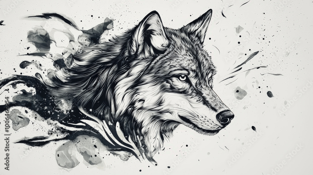 A detailed illustration of wolfs head in fine line art style ...