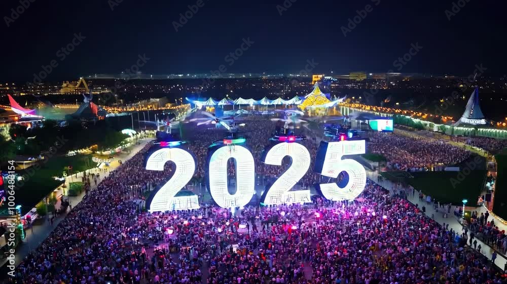 Massive nighttime festival celebrating 2025 with illuminated numbers ...