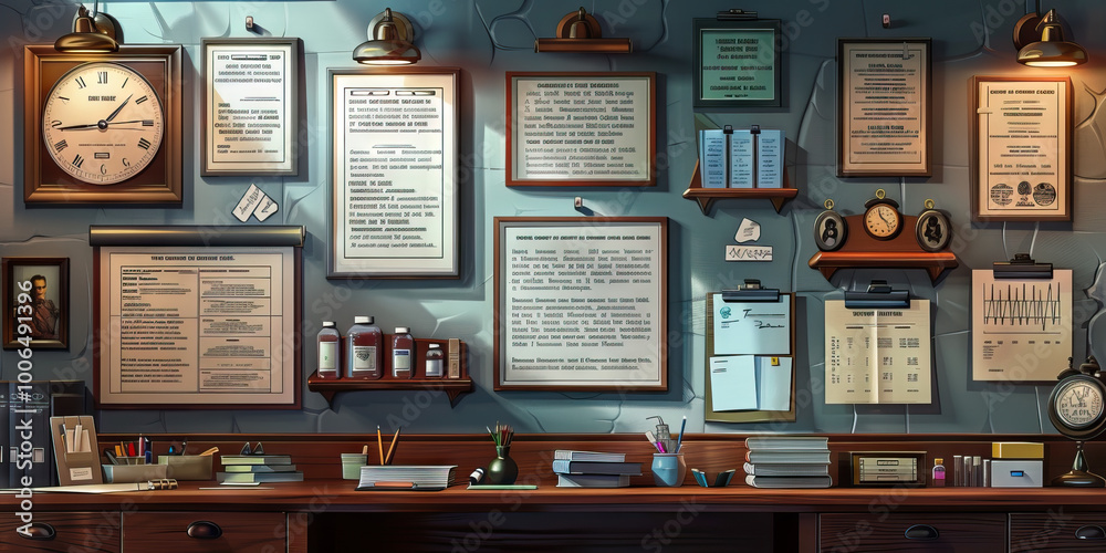 Doctor's Office Wall: Displaying medical diplomas, patient charts, and ...