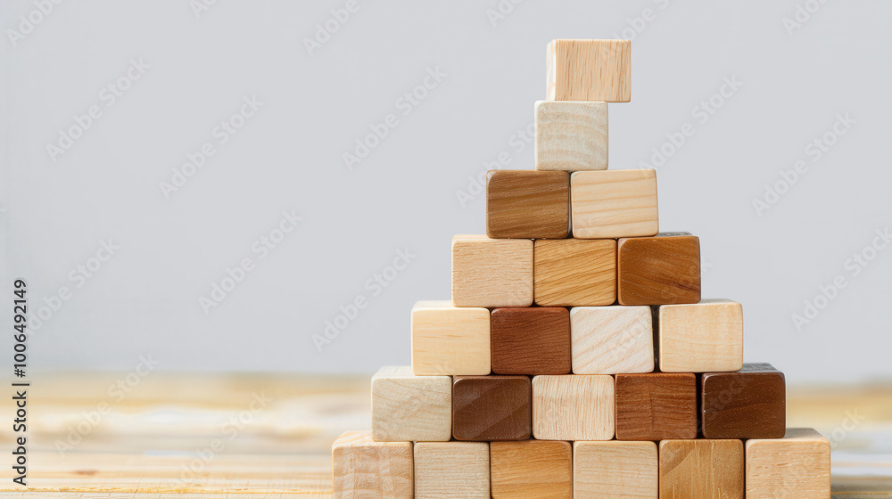 Wooden blocks arranged as a demographic population pyramid, showcasing ...