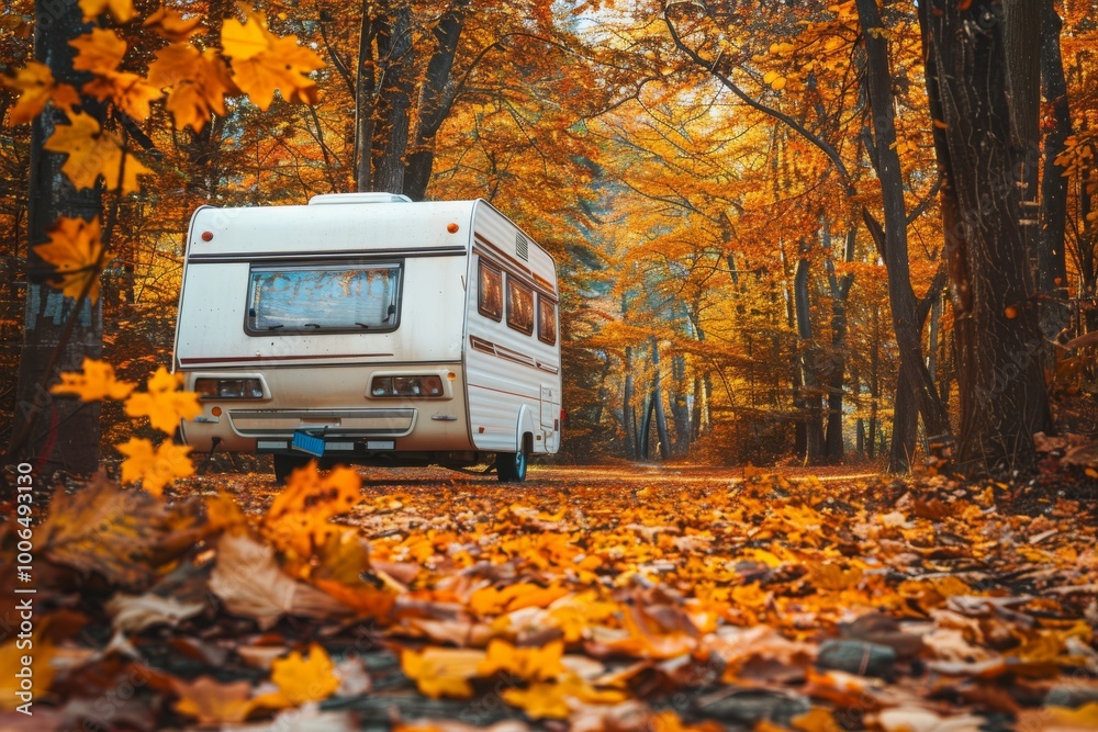 Travel trailer parked in forest wilderness nature in autumn or fall ...