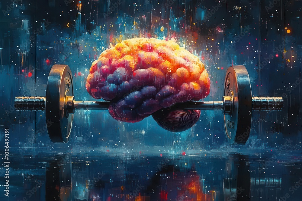 conceptual illustration of a brain lifting weights in a gym setting ...