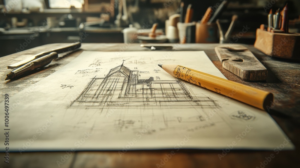 High-definition photo of a close-up freehand architectural drawing on ...