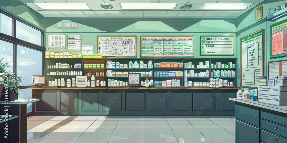 Pharmacy Wall: Adorned with medication dispensing guidelines, drug ...