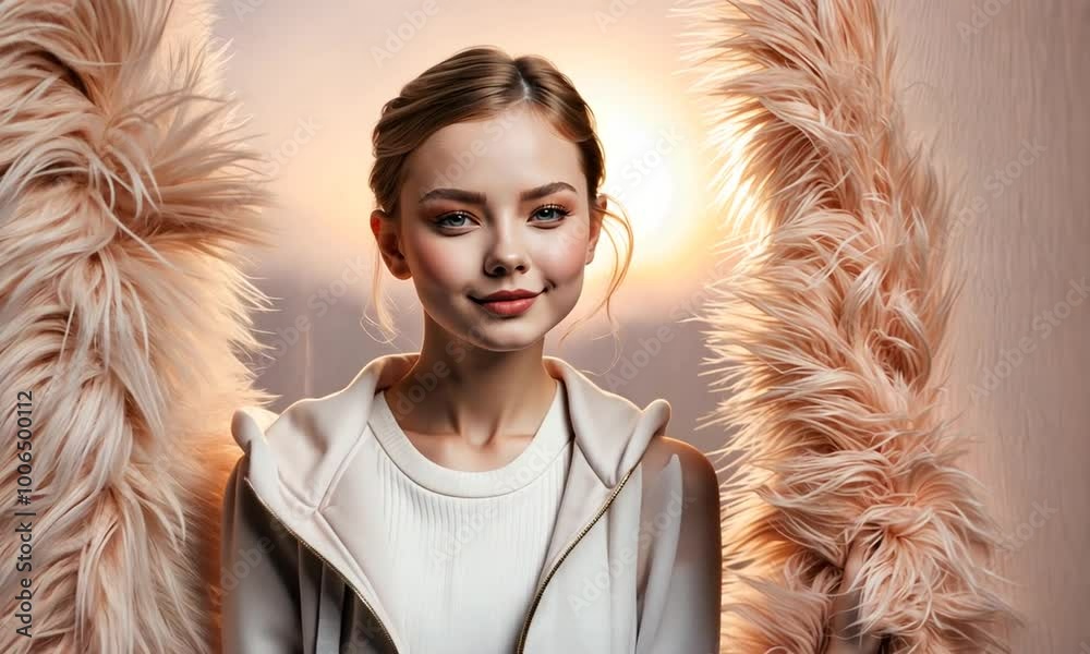 A captivating model poses gracefully, surrounded by soft, fluffy ...