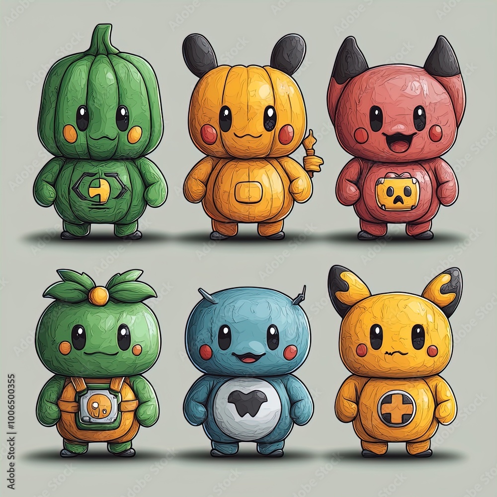 The image features six adorable, chibi-style characters standing in two ...