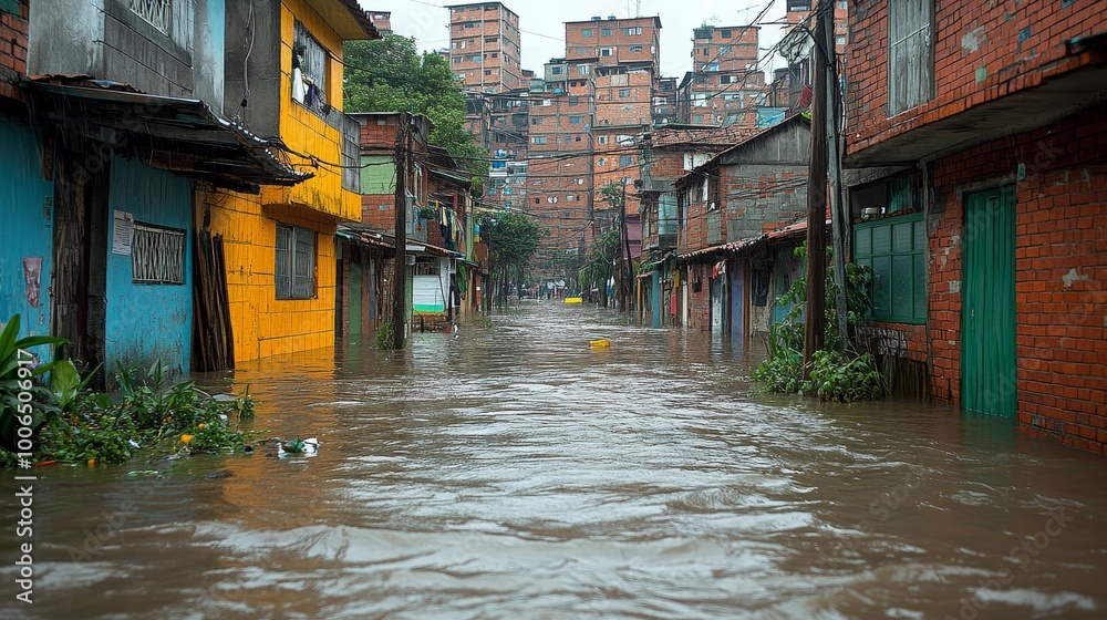 Flash floods sweeping through an urban slum, submerging homes and ...