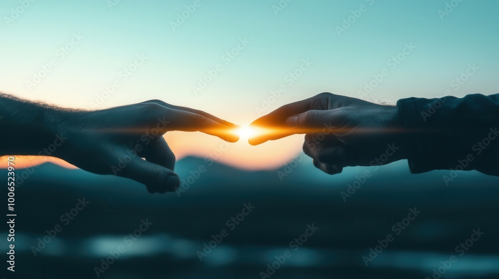 Two hands reaching out from opposite sides of the frame, merging into a ...