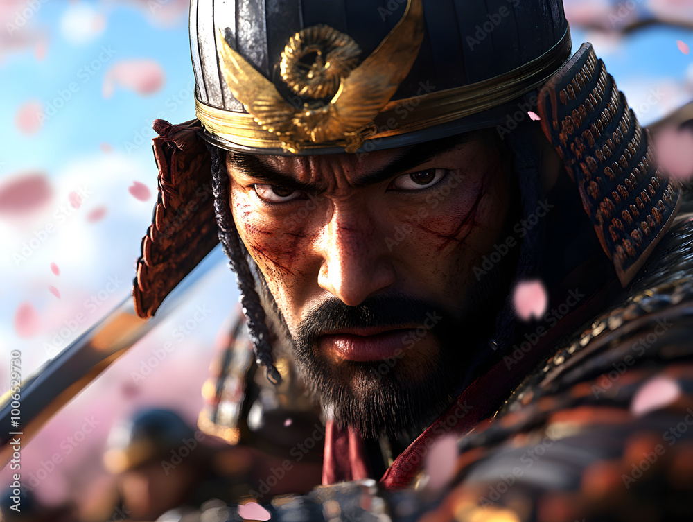 A fierce Samurai general, clad in ornate armor and standing before his ...